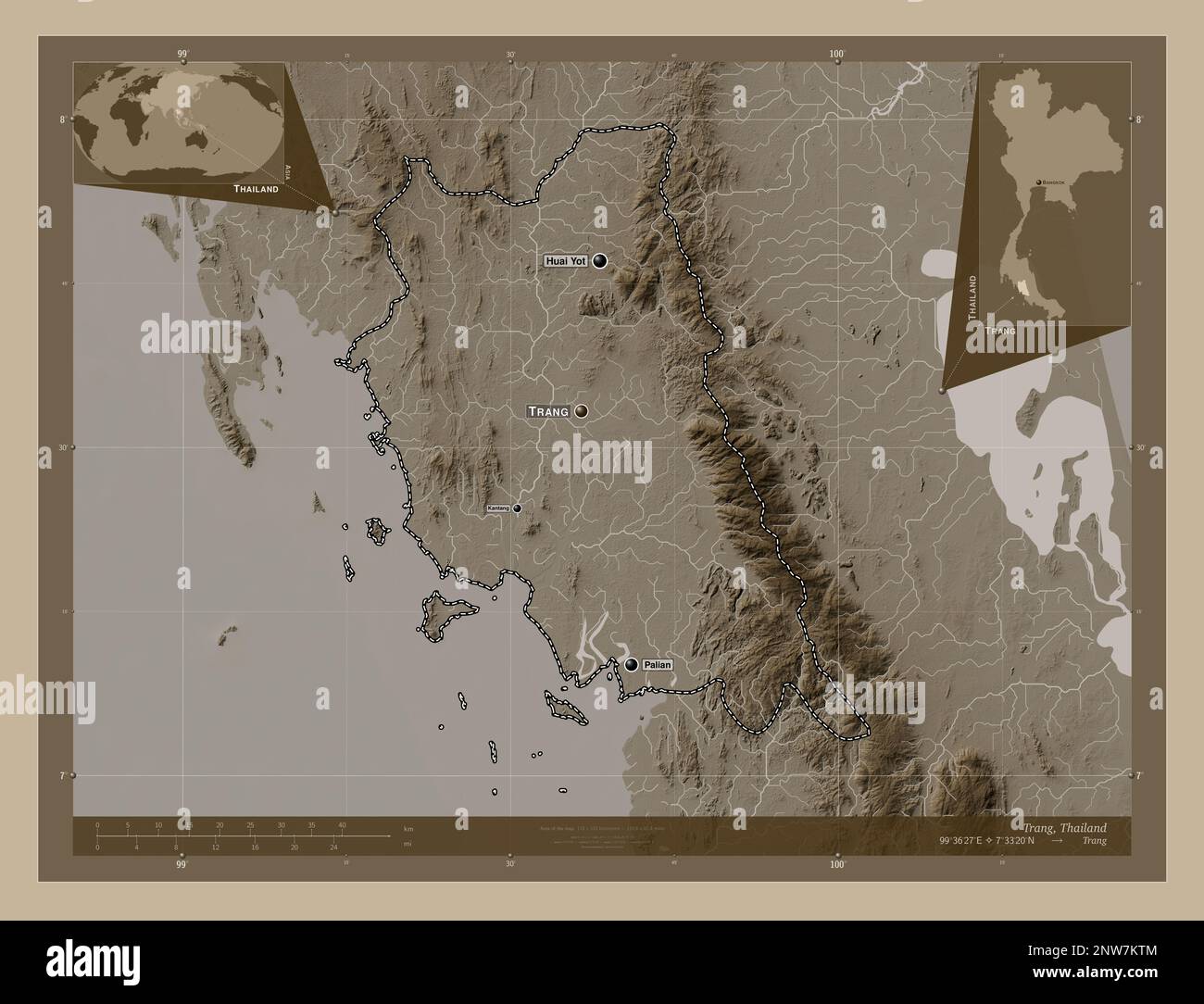 Trang, province of Thailand. Elevation map colored in sepia tones with ...