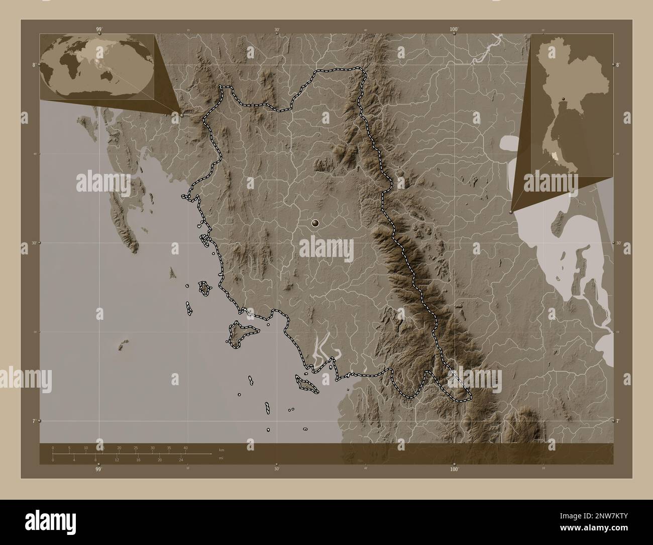 Trang, province of Thailand. Elevation map colored in sepia tones with ...