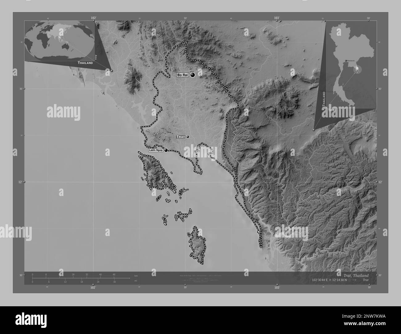 Trat, province of Thailand. Grayscale elevation map with lakes and ...