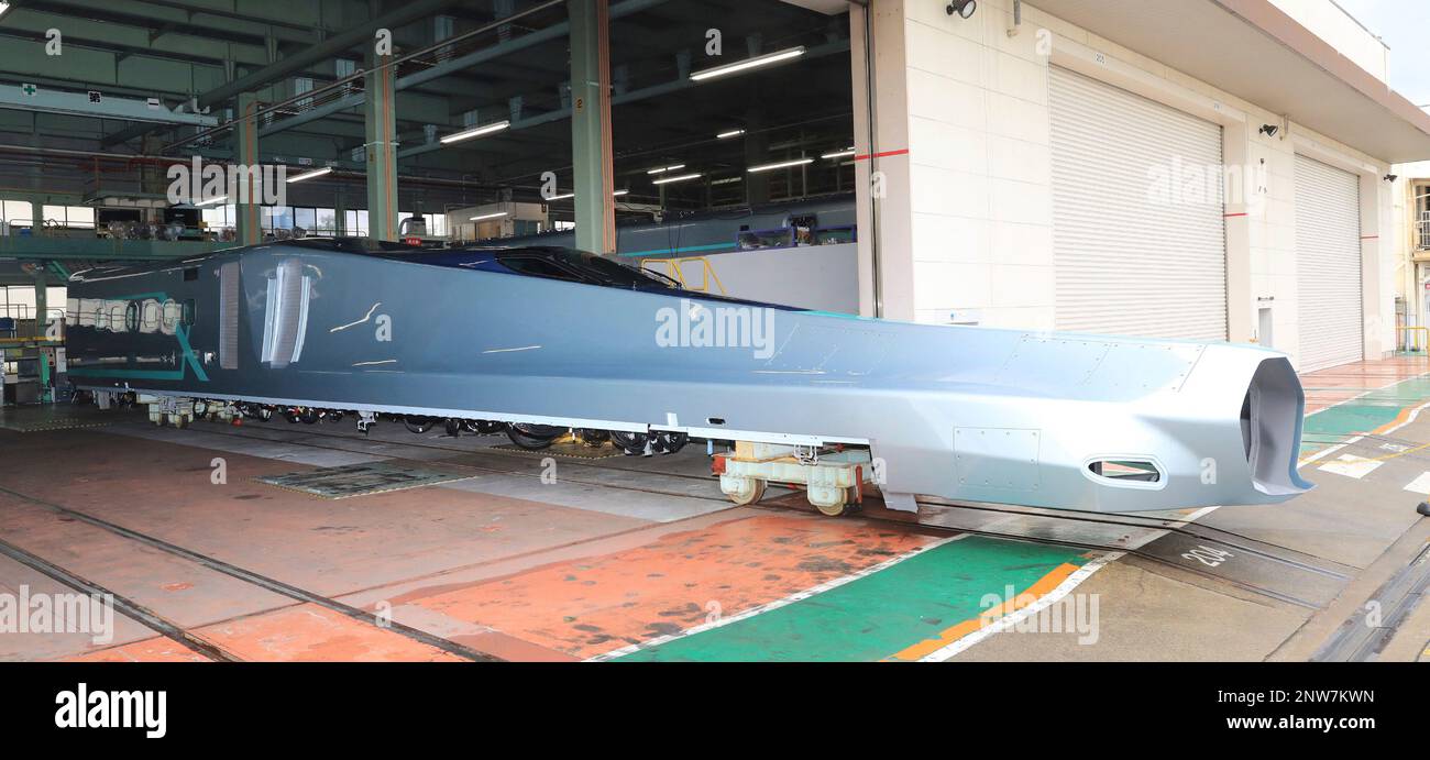 A test car, named ALFA-X, of a new Shinkansen bullet train model ...