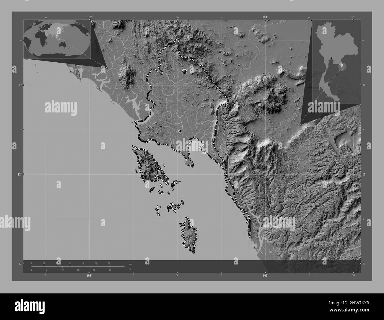 Trat, province of Thailand. Bilevel elevation map with lakes and rivers ...