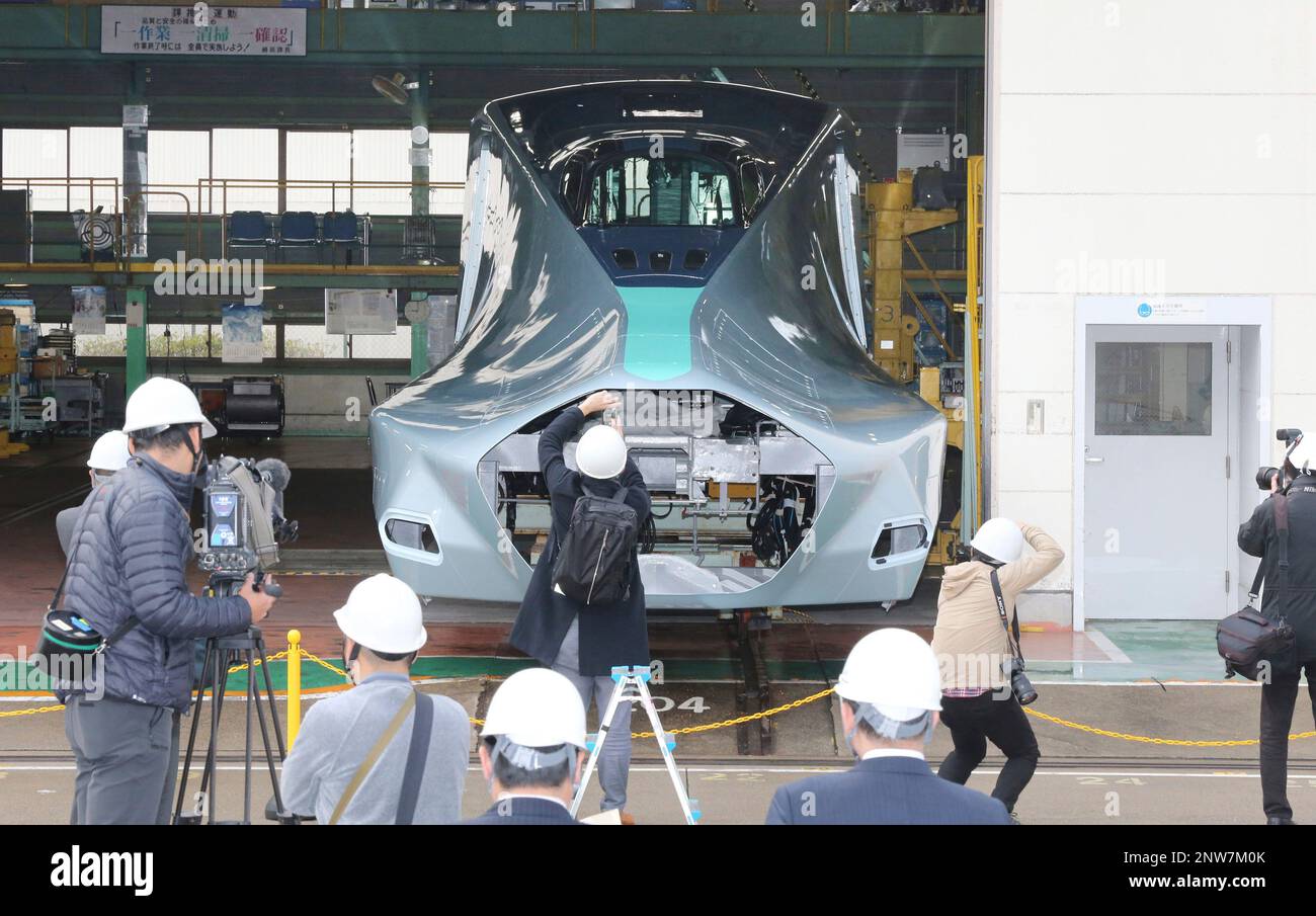 A test car, named ALFA-X, of a new Shinkansen bullet train model ...