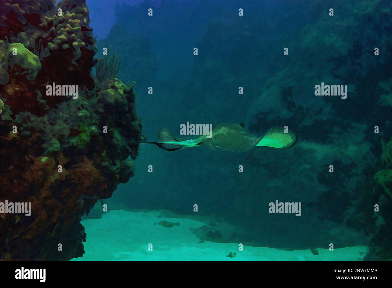 Digitally created watercolor painting of a common stingray flying ...