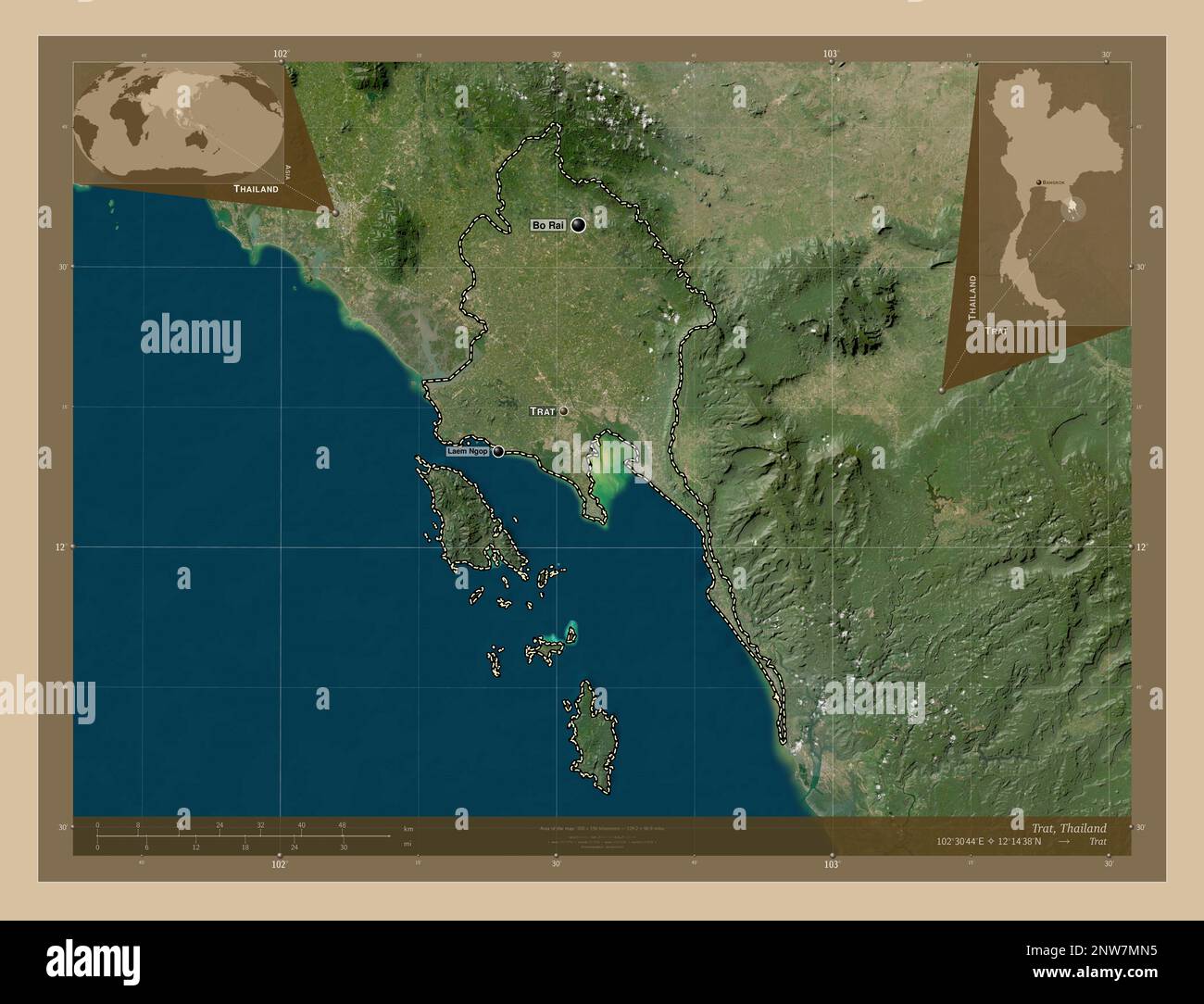Trat, province of Thailand. Low resolution satellite map. Locations and ...