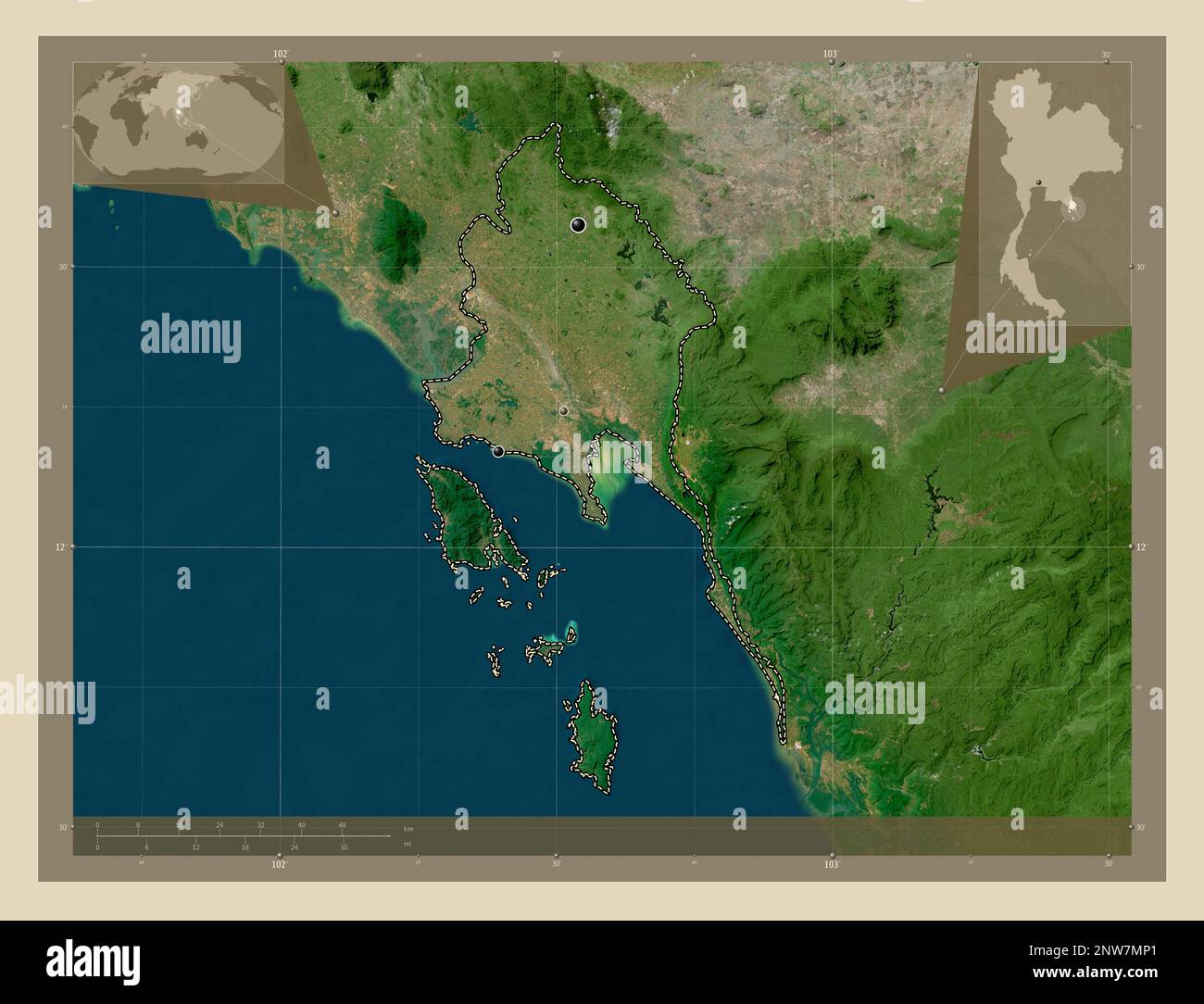 Trat, province of Thailand. High resolution satellite map. Locations of ...