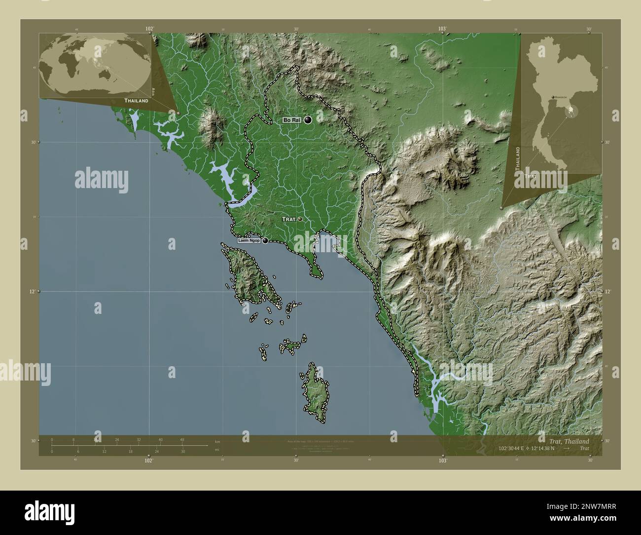 Trat, province of Thailand. Elevation map colored in wiki style with ...
