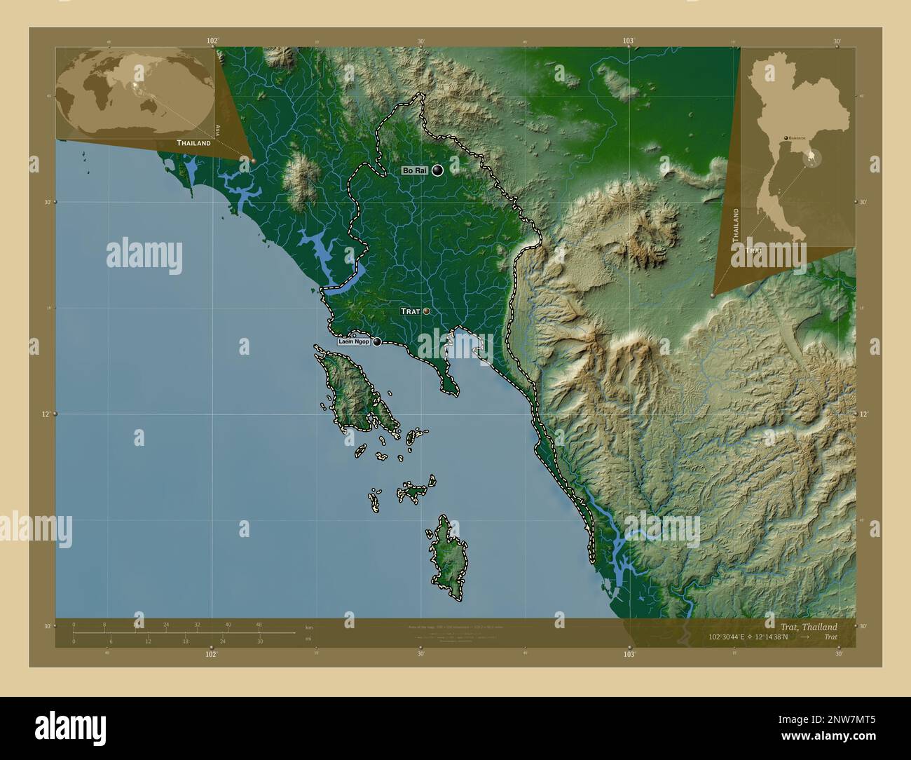 Trat, province of Thailand. Colored elevation map with lakes and rivers ...
