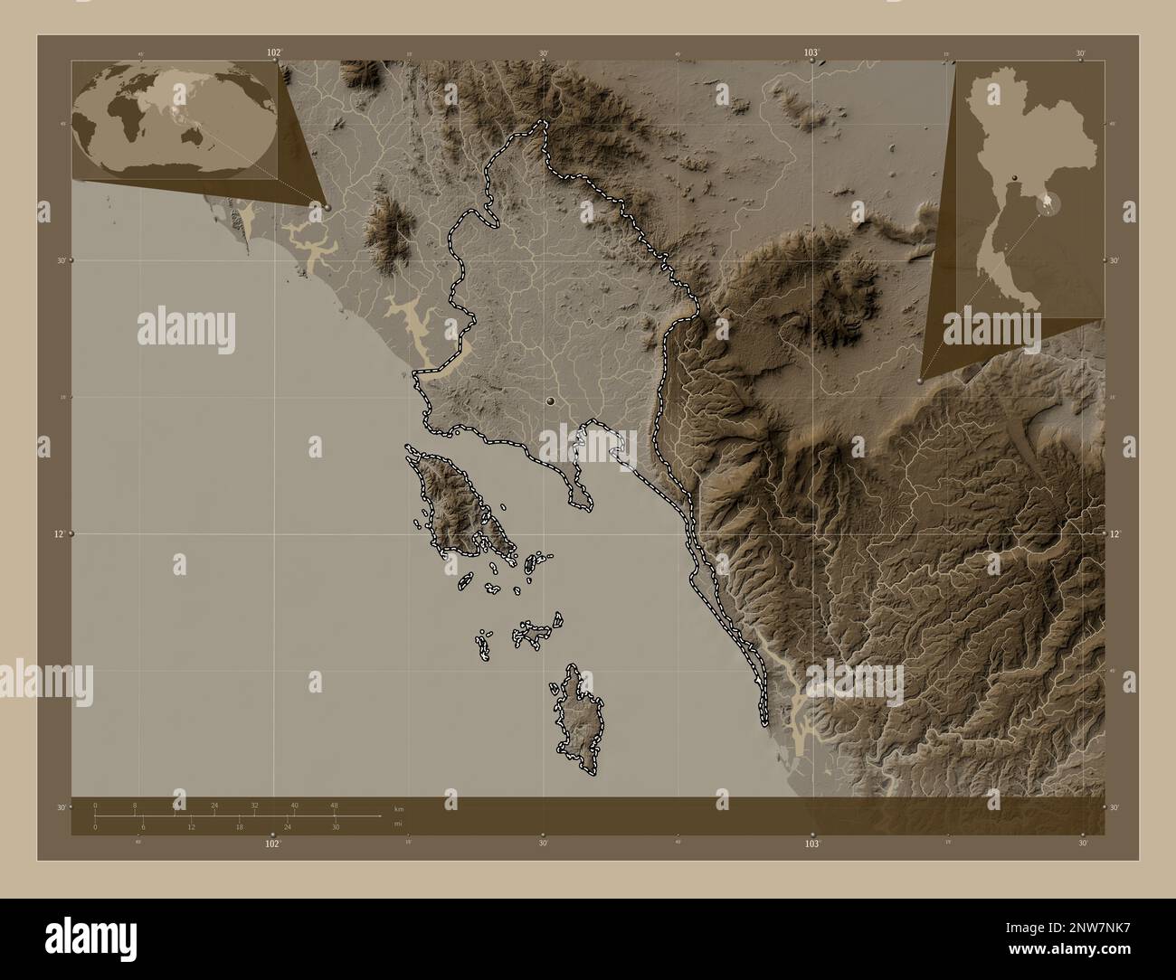 Trat, province of Thailand. Elevation map colored in sepia tones with ...
