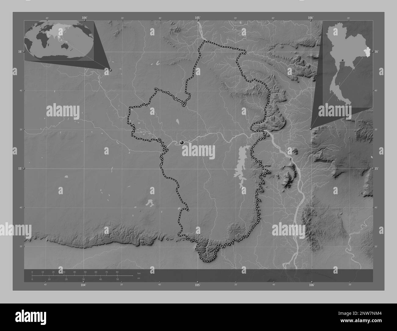 Ubon Ratchathani, province of Thailand. Grayscale elevation map with ...