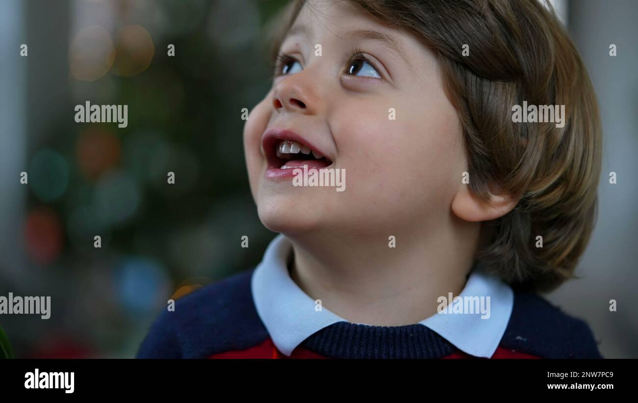 One excited little boy face close up. Surprised adorable 2 year old kid ...