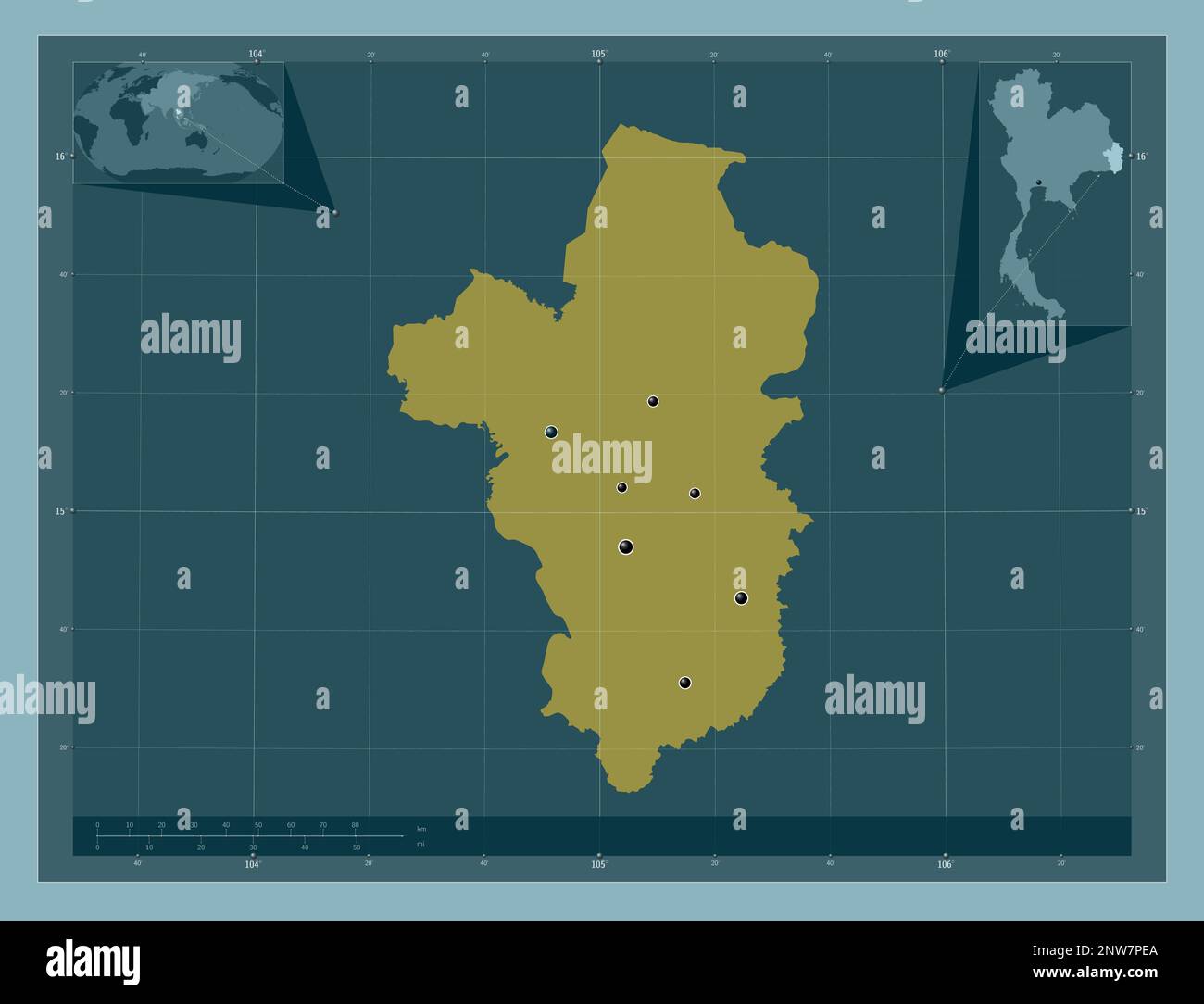Ubon Ratchathani, province of Thailand. Solid color shape. Locations of ...