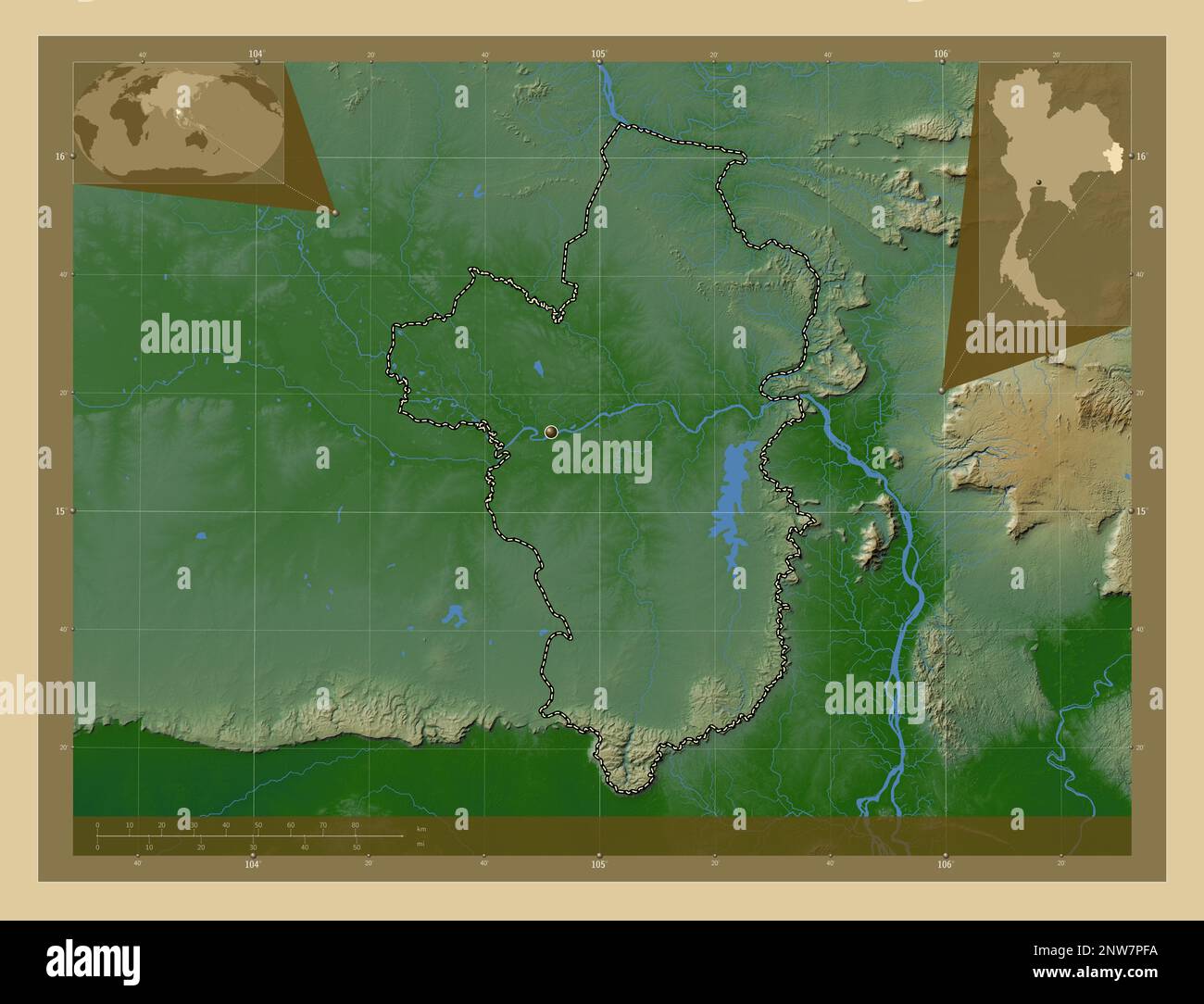 Ubon Ratchathani, province of Thailand. Colored elevation map with ...