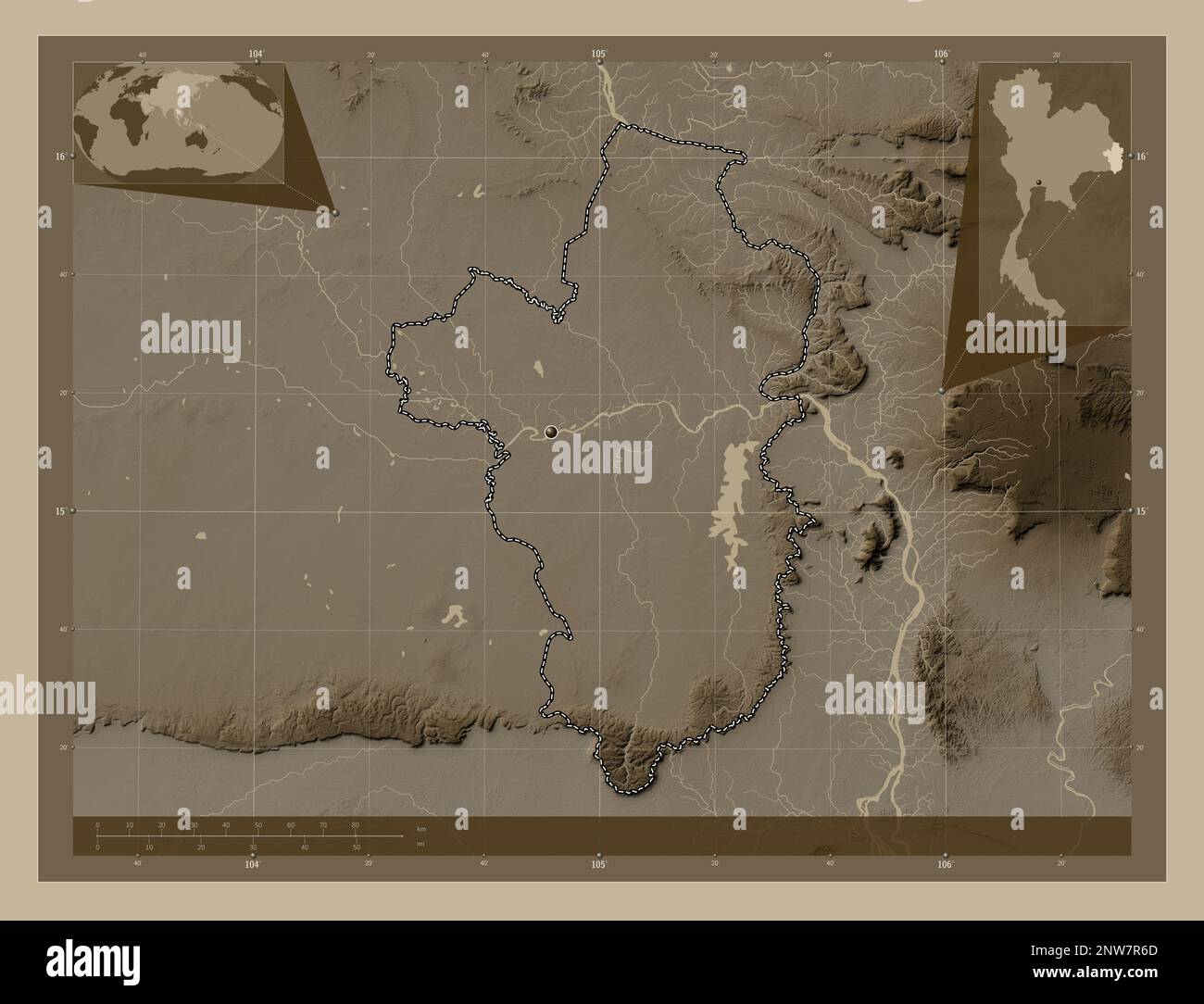 Ubon Ratchathani, province of Thailand. Elevation map colored in sepia ...