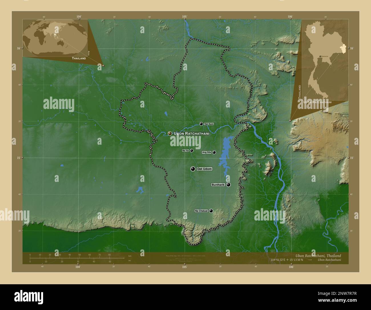 Ubon Ratchathani, province of Thailand. Colored elevation map with ...