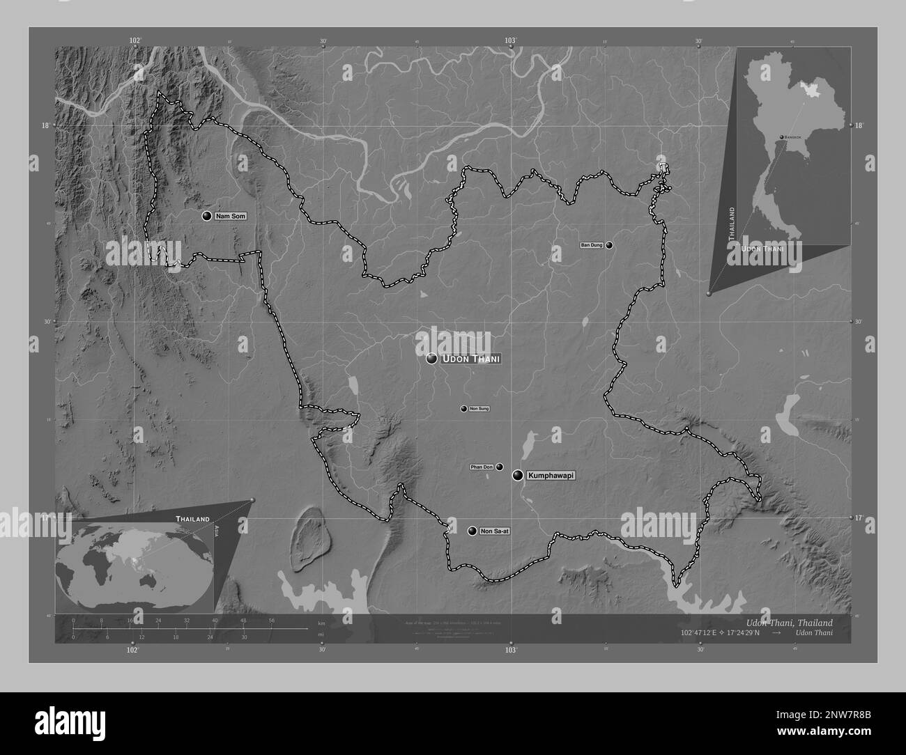 Udon Thani, province of Thailand. Grayscale elevation map with lakes ...
