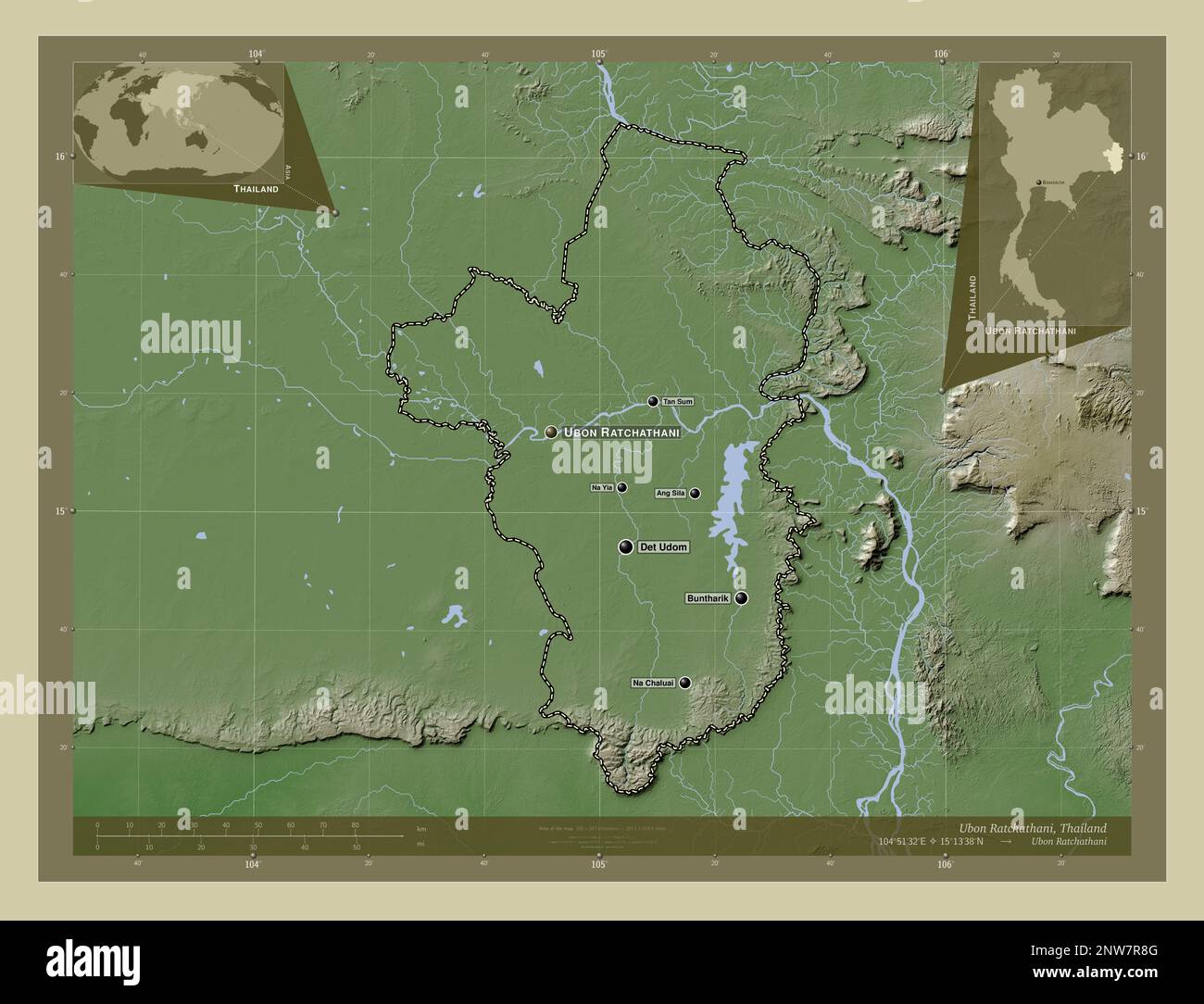 Ubon Ratchathani, province of Thailand. Elevation map colored in wiki ...