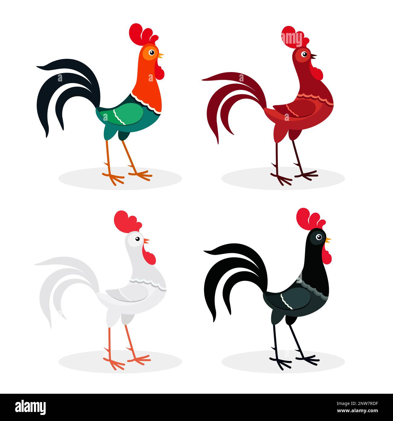 Colorful roosters set. Vector illustration isolated on white background ...