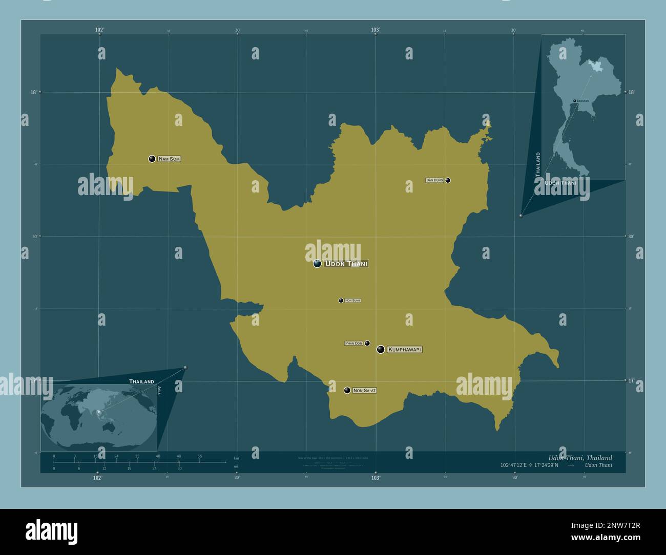 Udon Thani, province of Thailand. Solid color shape. Locations and ...