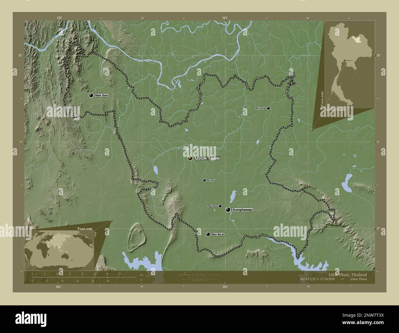 Udon Thani, province of Thailand. Elevation map colored in wiki style ...