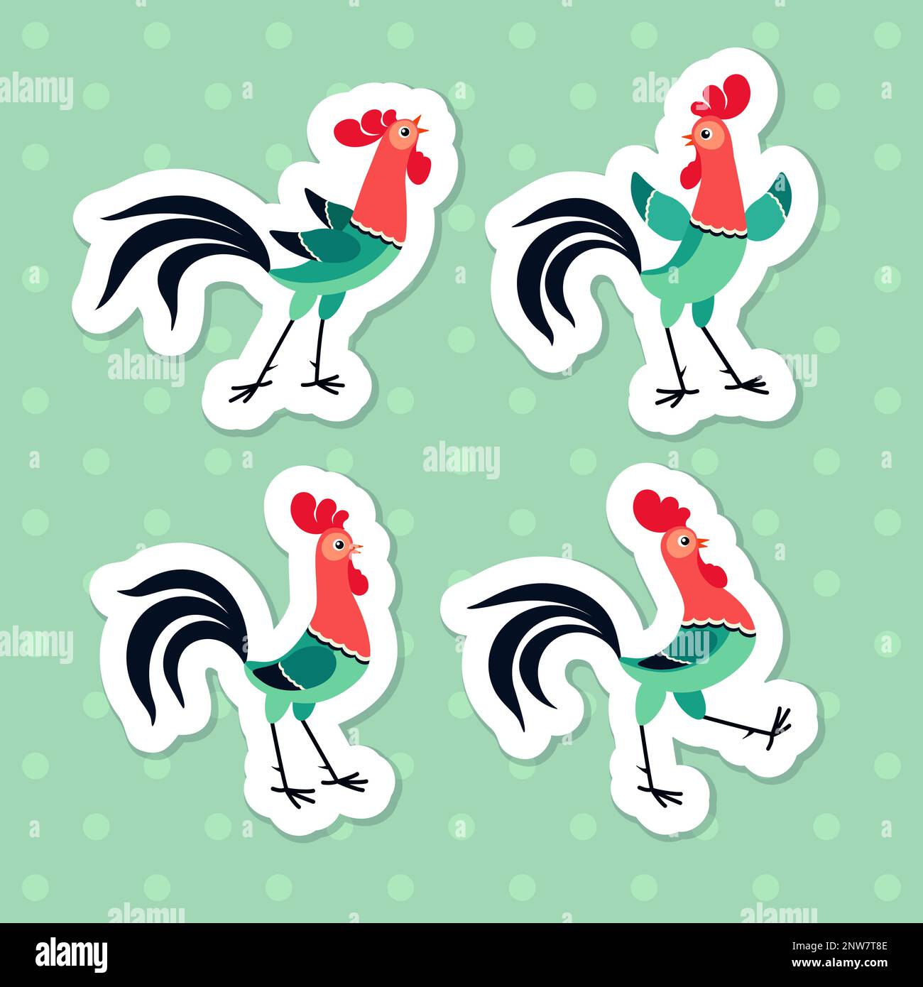 Colorful cartoon rooster sticker pack. Vector illustration Stock Vector ...