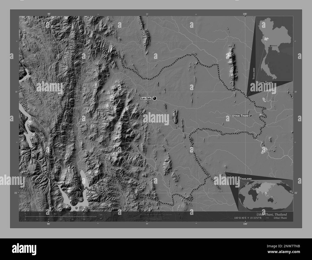 Uthai Thani, province of Thailand. Bilevel elevation map with lakes and ...