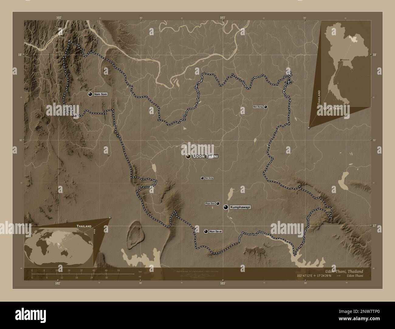 Udon Thani, province of Thailand. Elevation map colored in sepia tones ...