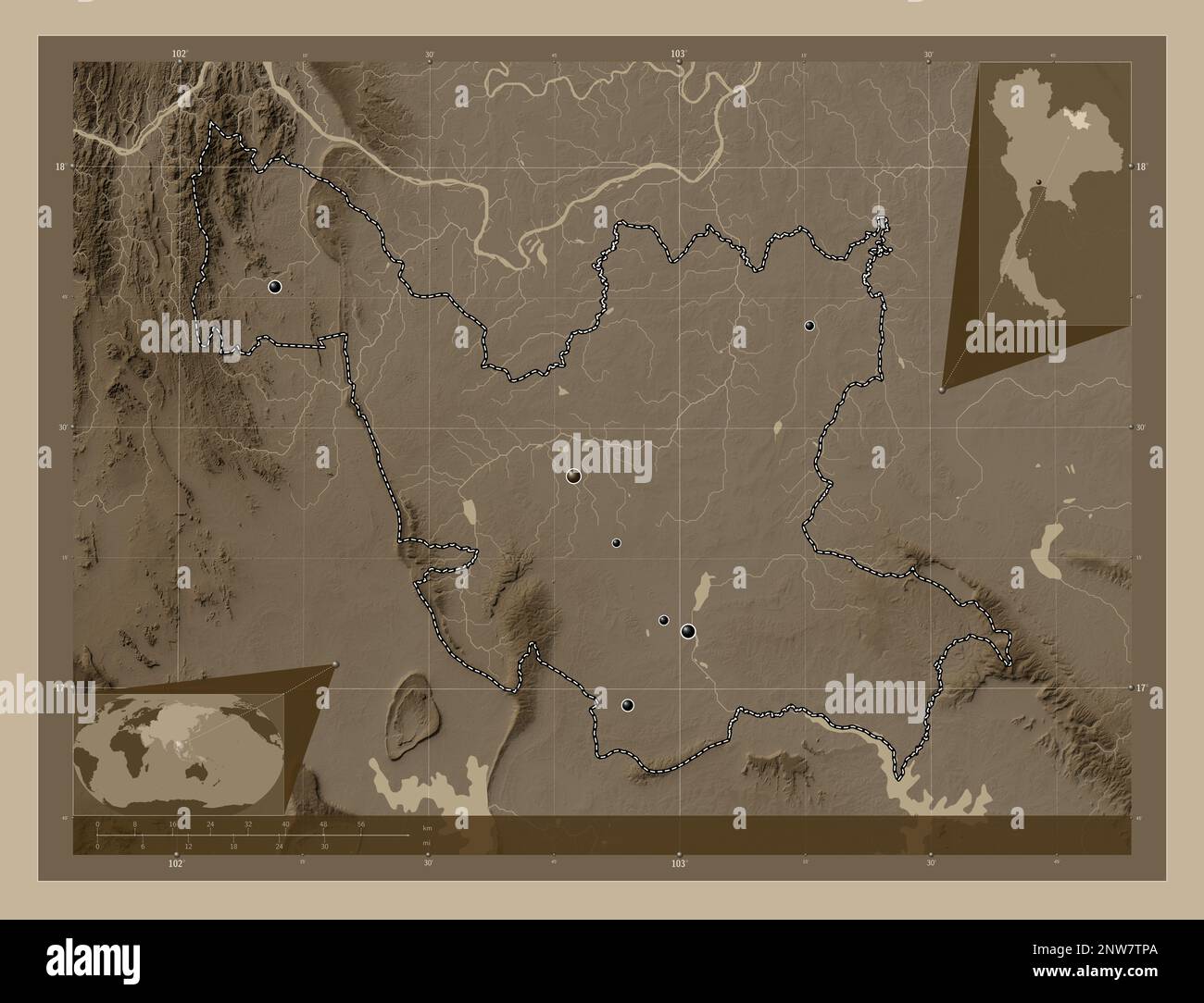 Udon Thani, province of Thailand. Elevation map colored in sepia tones ...
