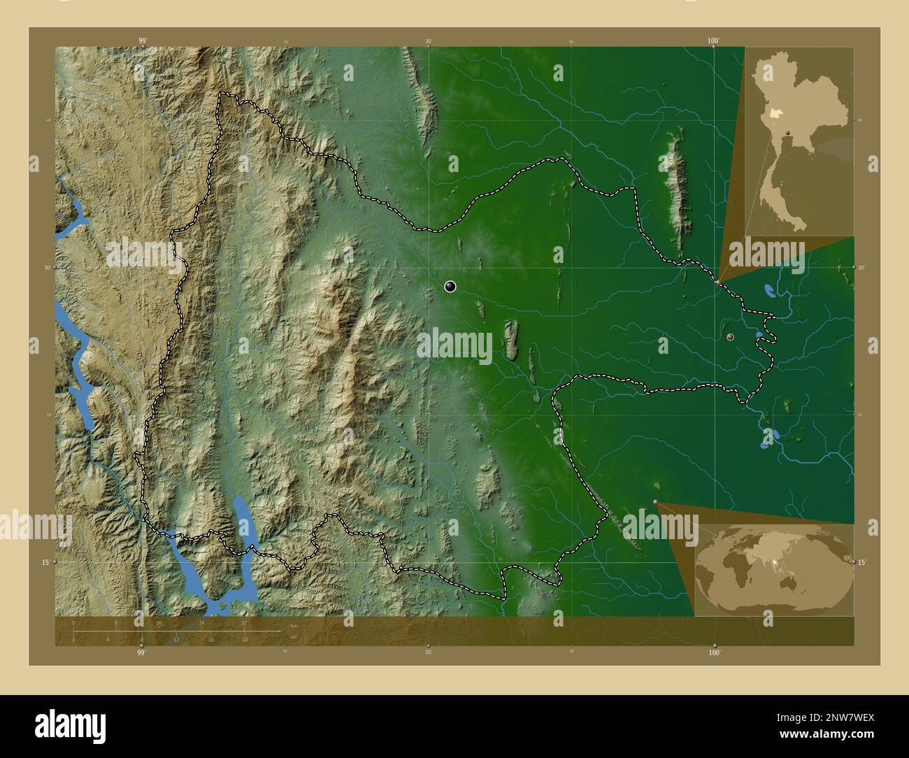 Uthai Thani, province of Thailand. Colored elevation map with lakes and ...