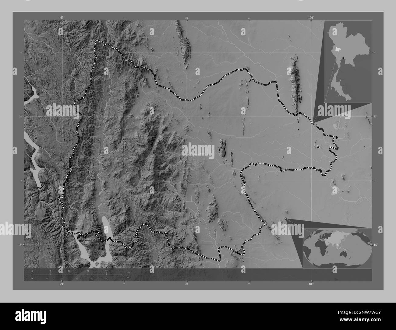 Uthai Thani, province of Thailand. Grayscale elevation map with lakes ...