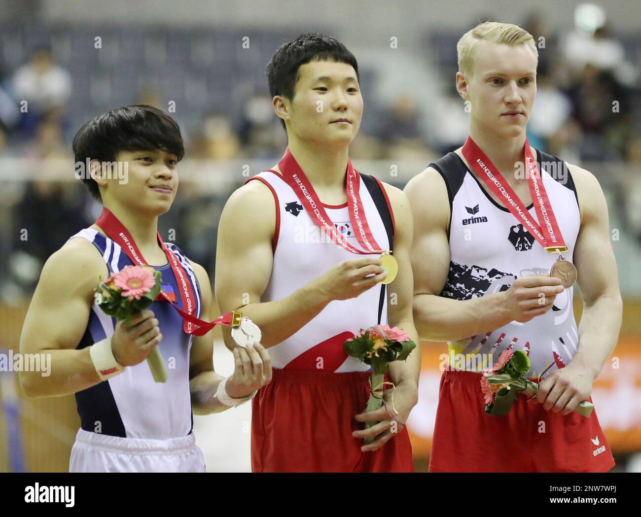 (L to R) Philippine's Carlos YULO, silver, South Korea's Jea Hwan SHIN ...