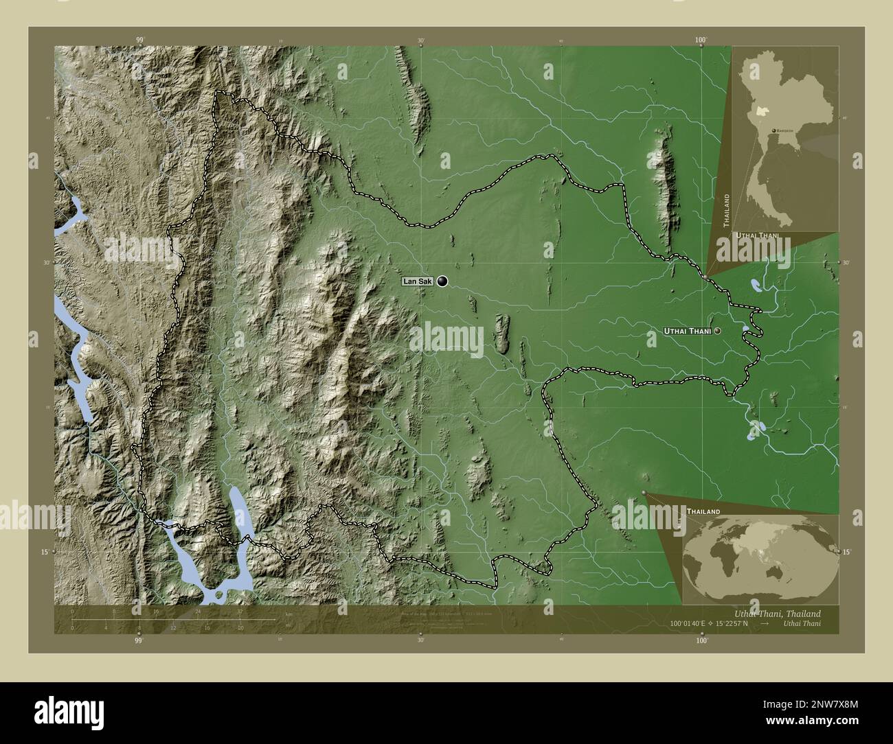 Uthai Thani, province of Thailand. Elevation map colored in wiki style ...