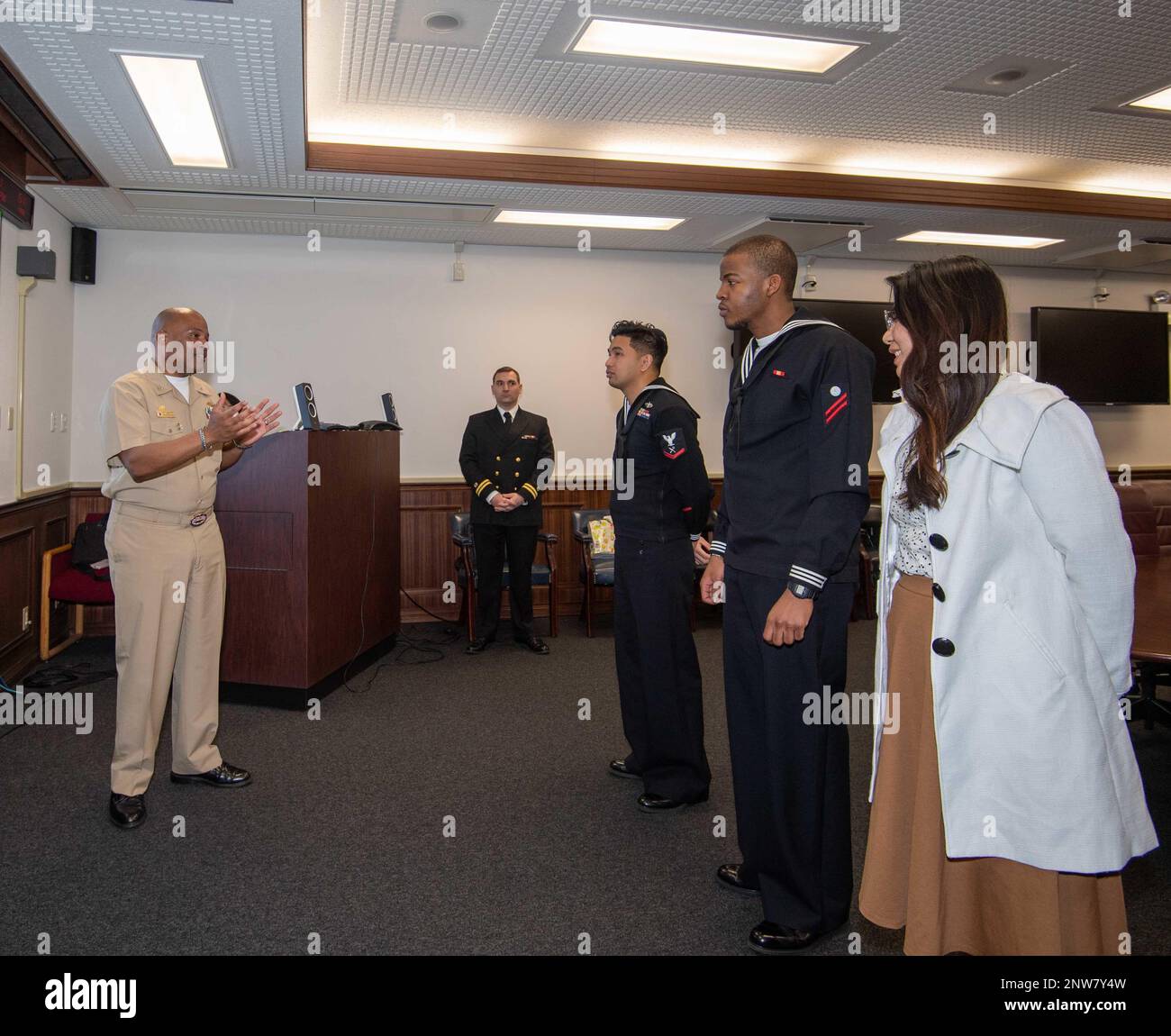 Capt. David Adams, Commander, Fleet Activities Sasebo (CFAS), speaks to ...