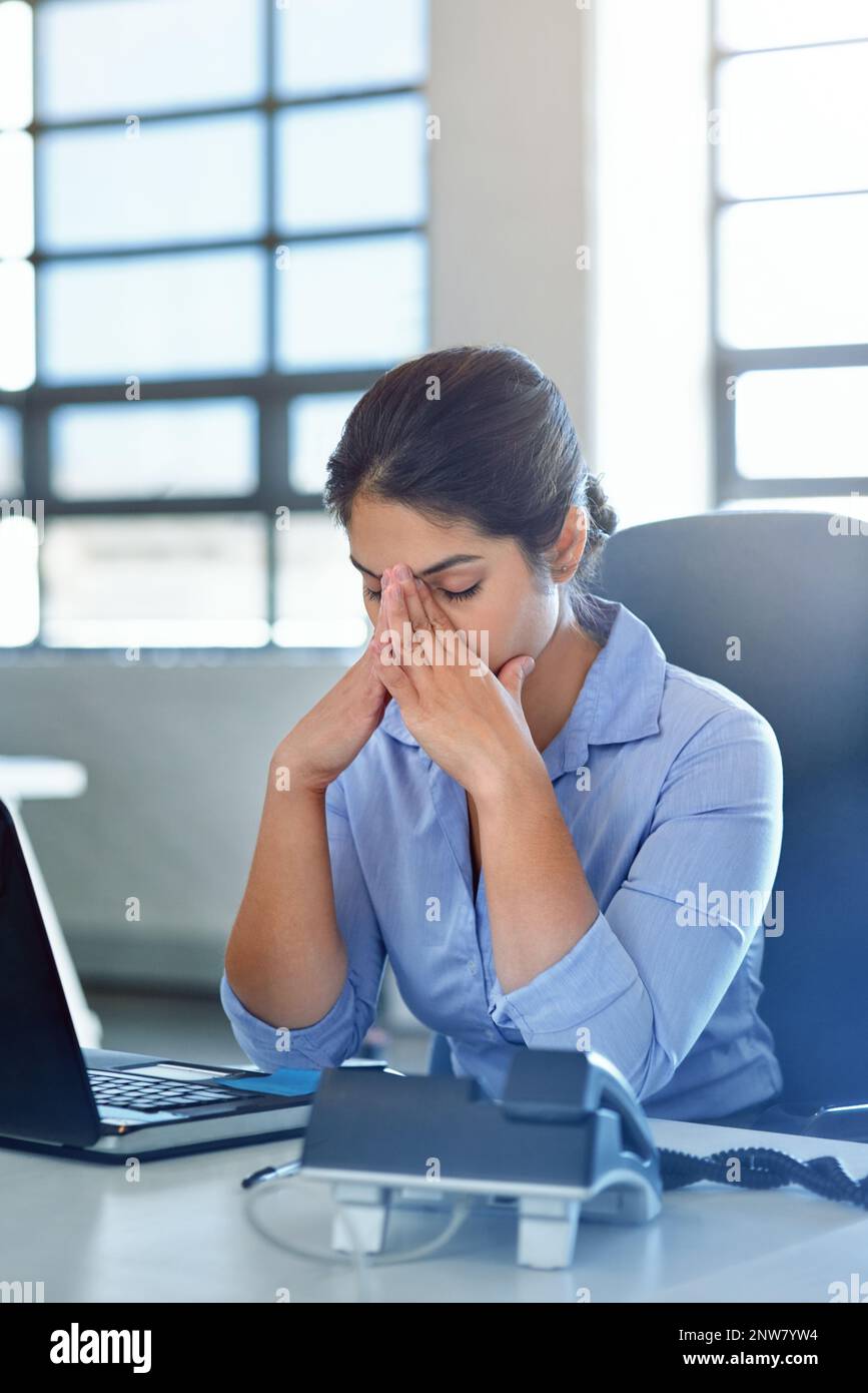 Business woman, stress and headache of a office worker feeling fatigue ...