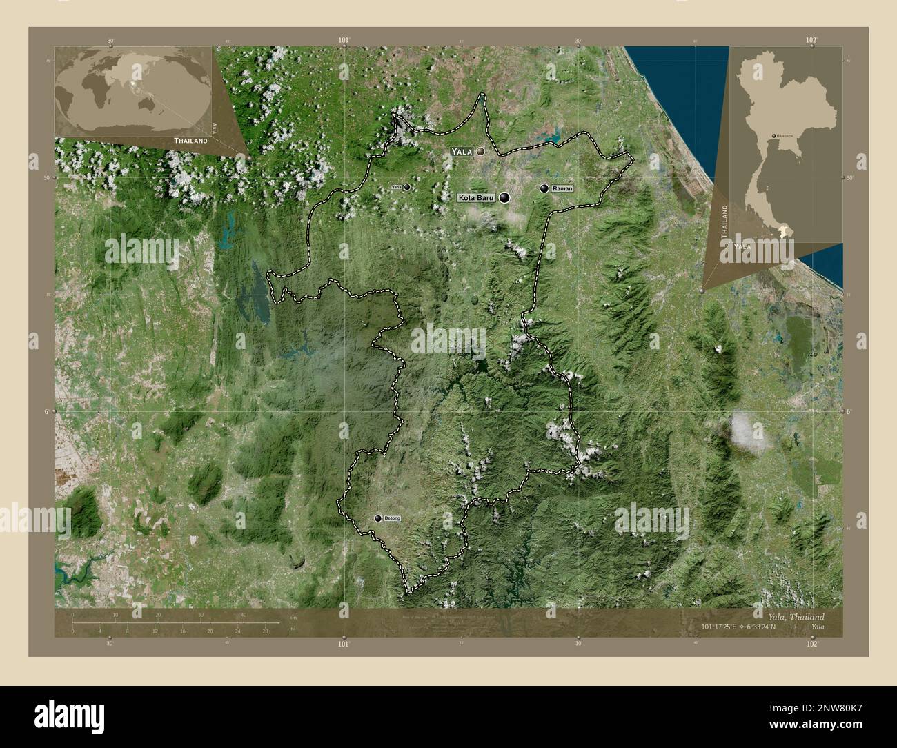 Yala, province of Thailand. High resolution satellite map. Locations ...