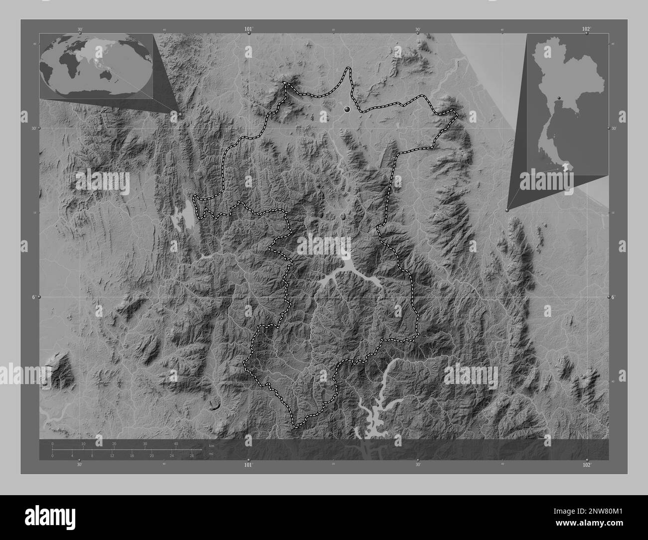 Yala, province of Thailand. Grayscale elevation map with lakes and ...