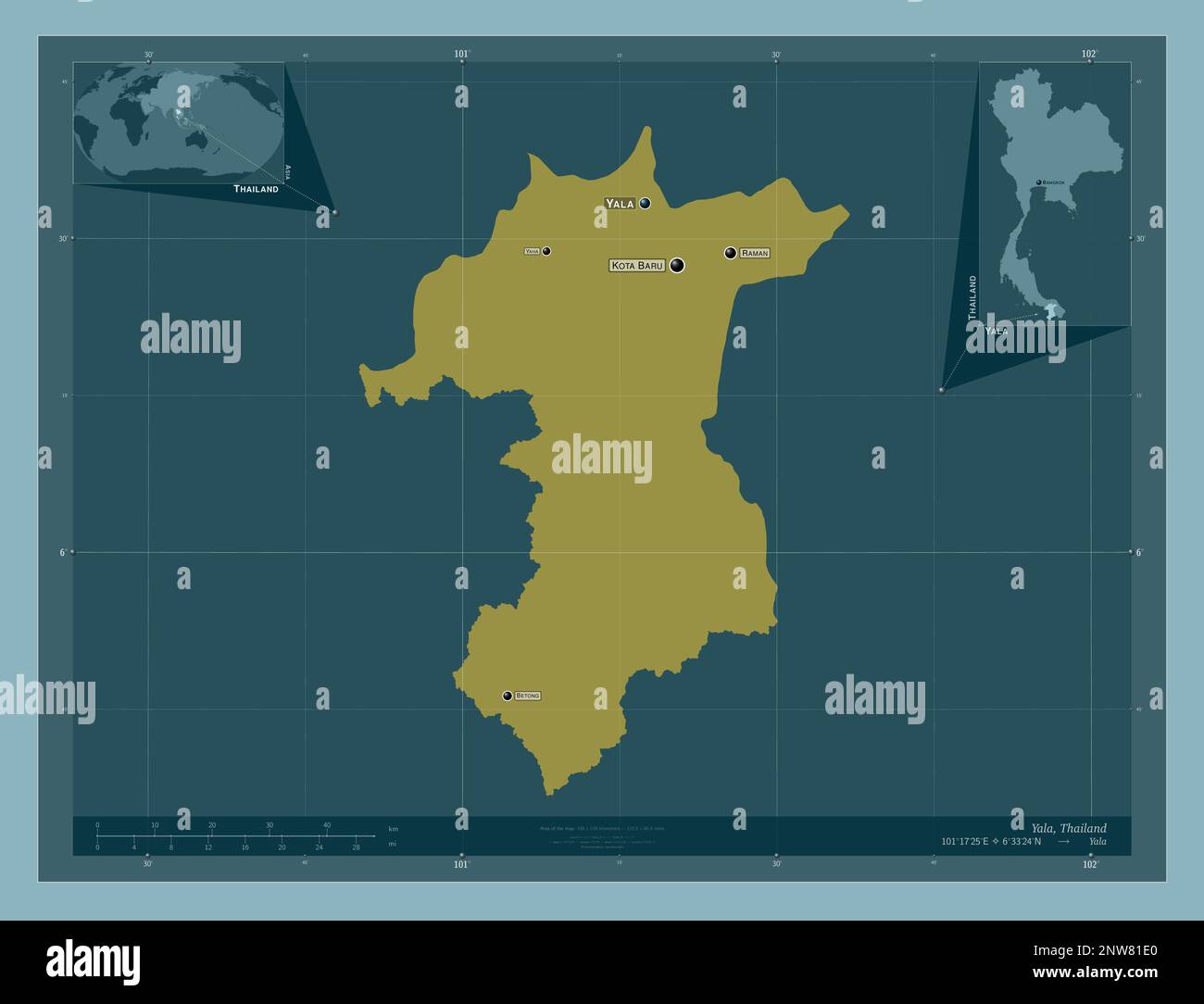 Yala, province of Thailand. Solid color shape. Locations and names of ...