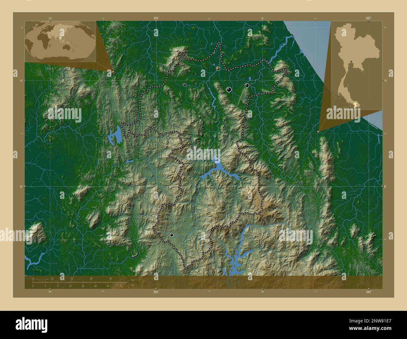 Yala, province of Thailand. Colored elevation map with lakes and rivers ...
