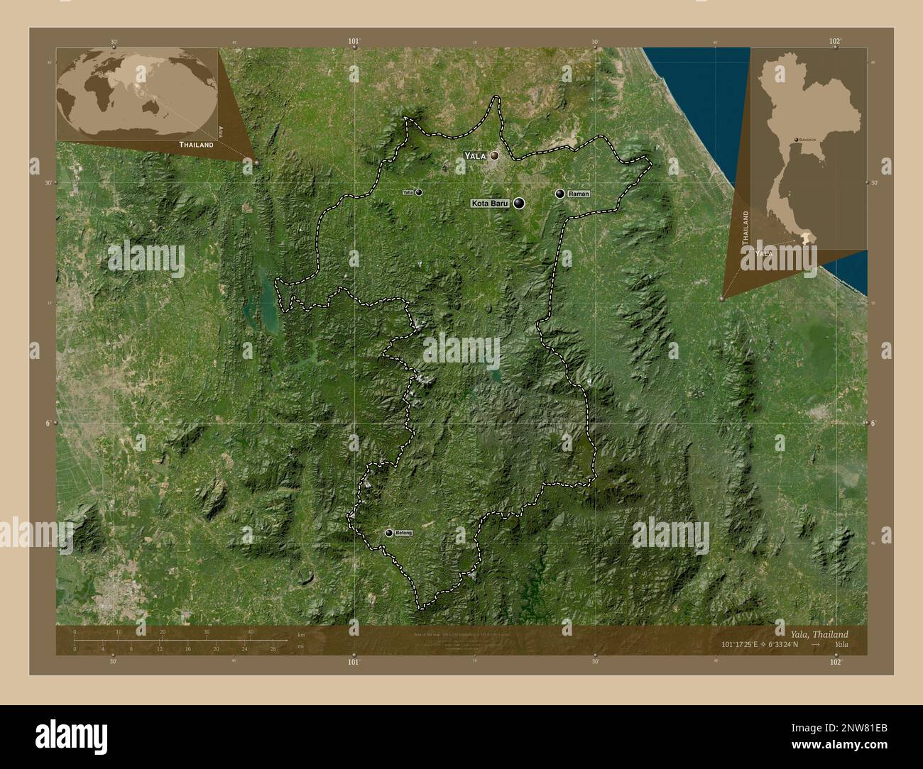 Yala, province of Thailand. Low resolution satellite map. Locations and ...
