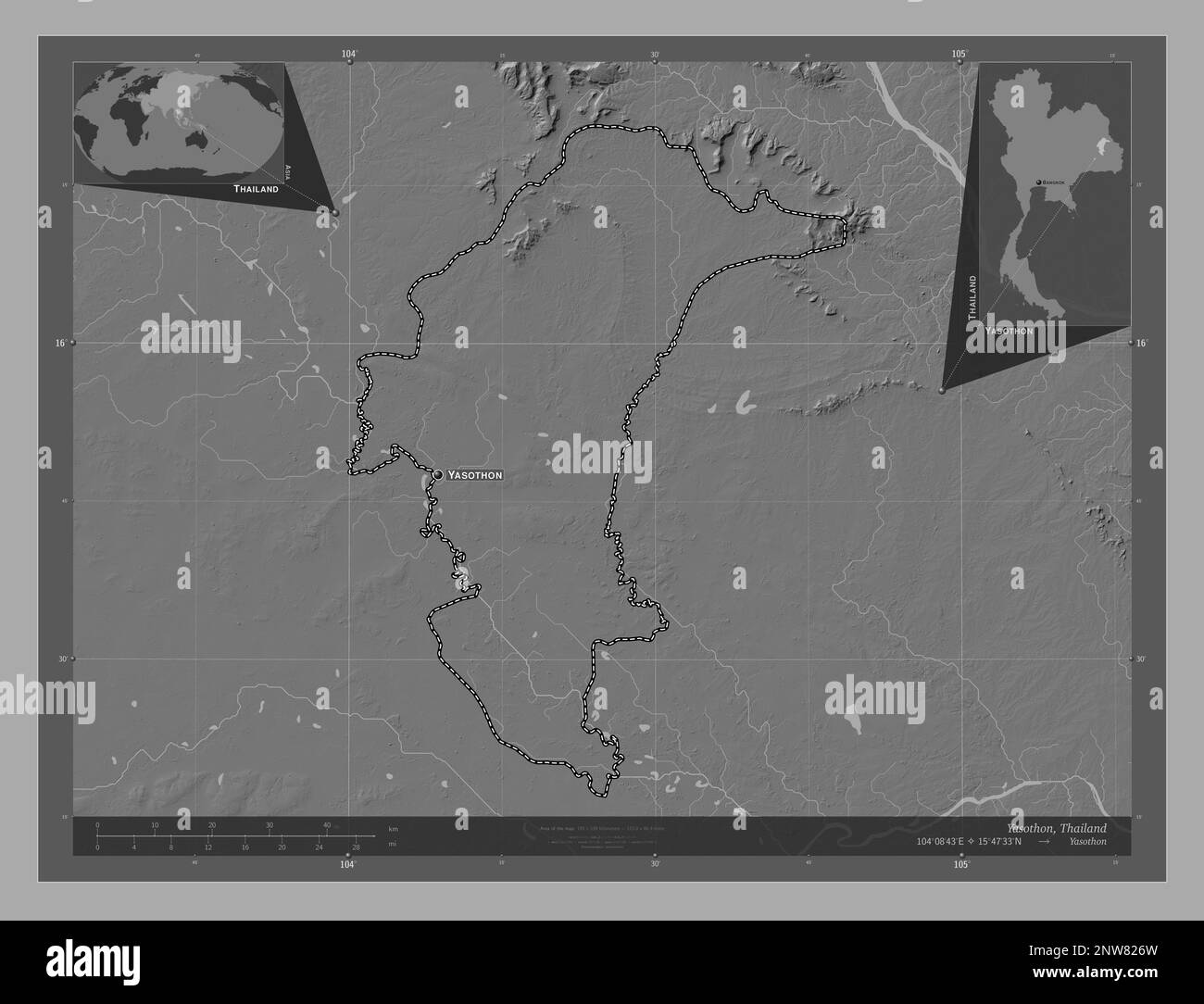Yasothon, province of Thailand. Bilevel elevation map with lakes and ...