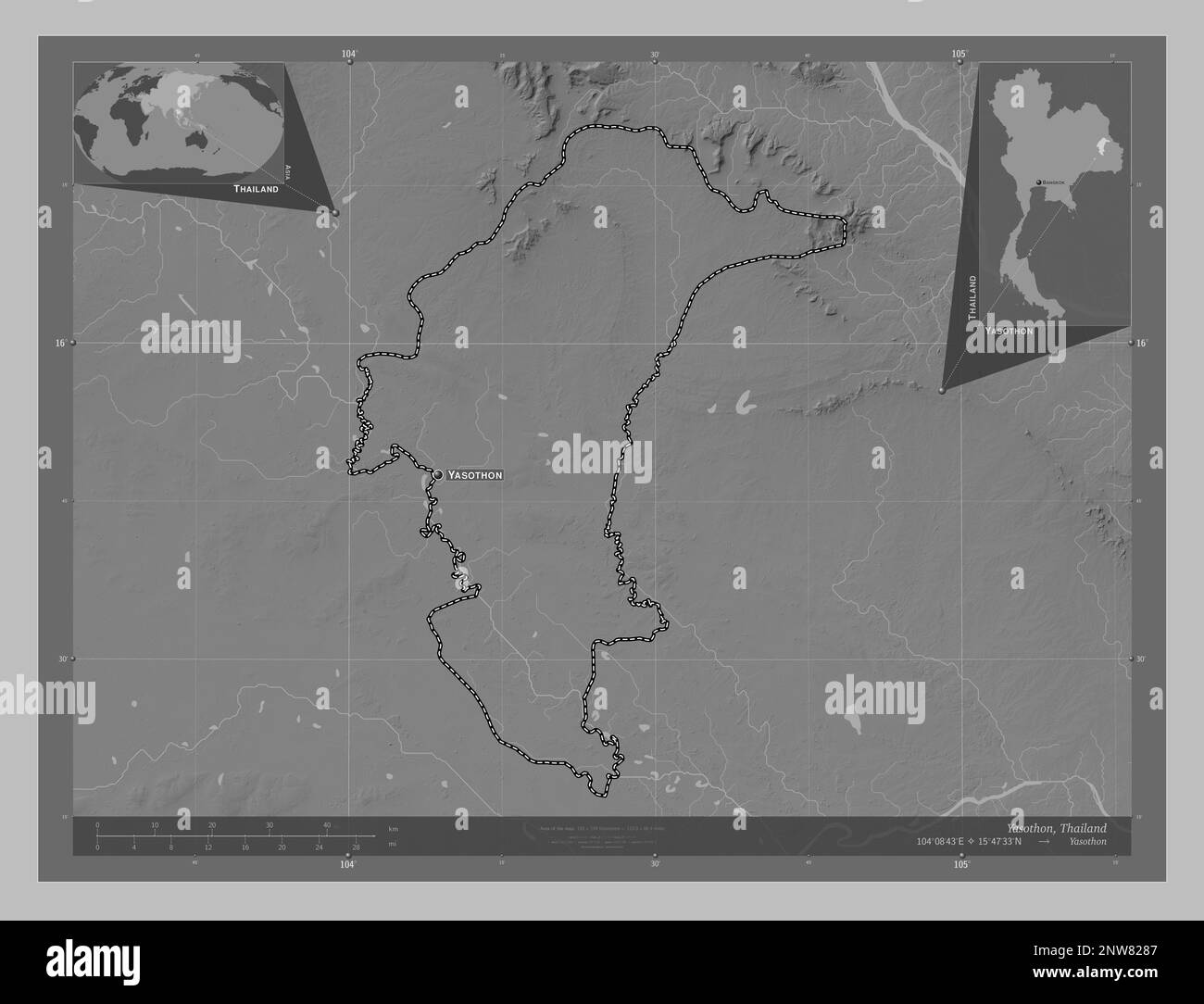 Yasothon, province of Thailand. Grayscale elevation map with lakes and ...