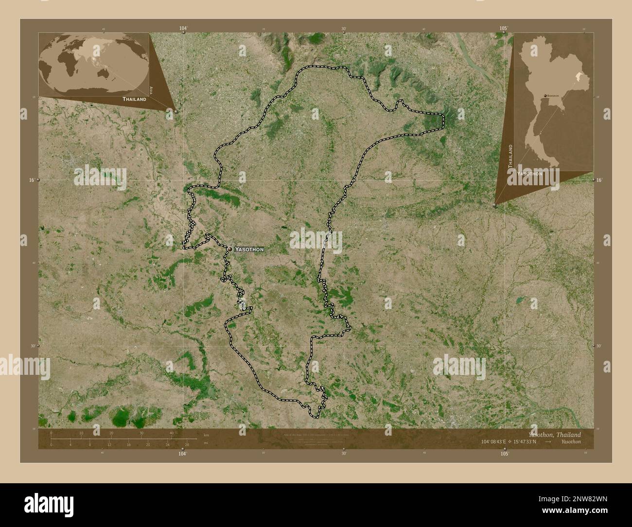 Yasothon, province of Thailand. Low resolution satellite map. Locations ...