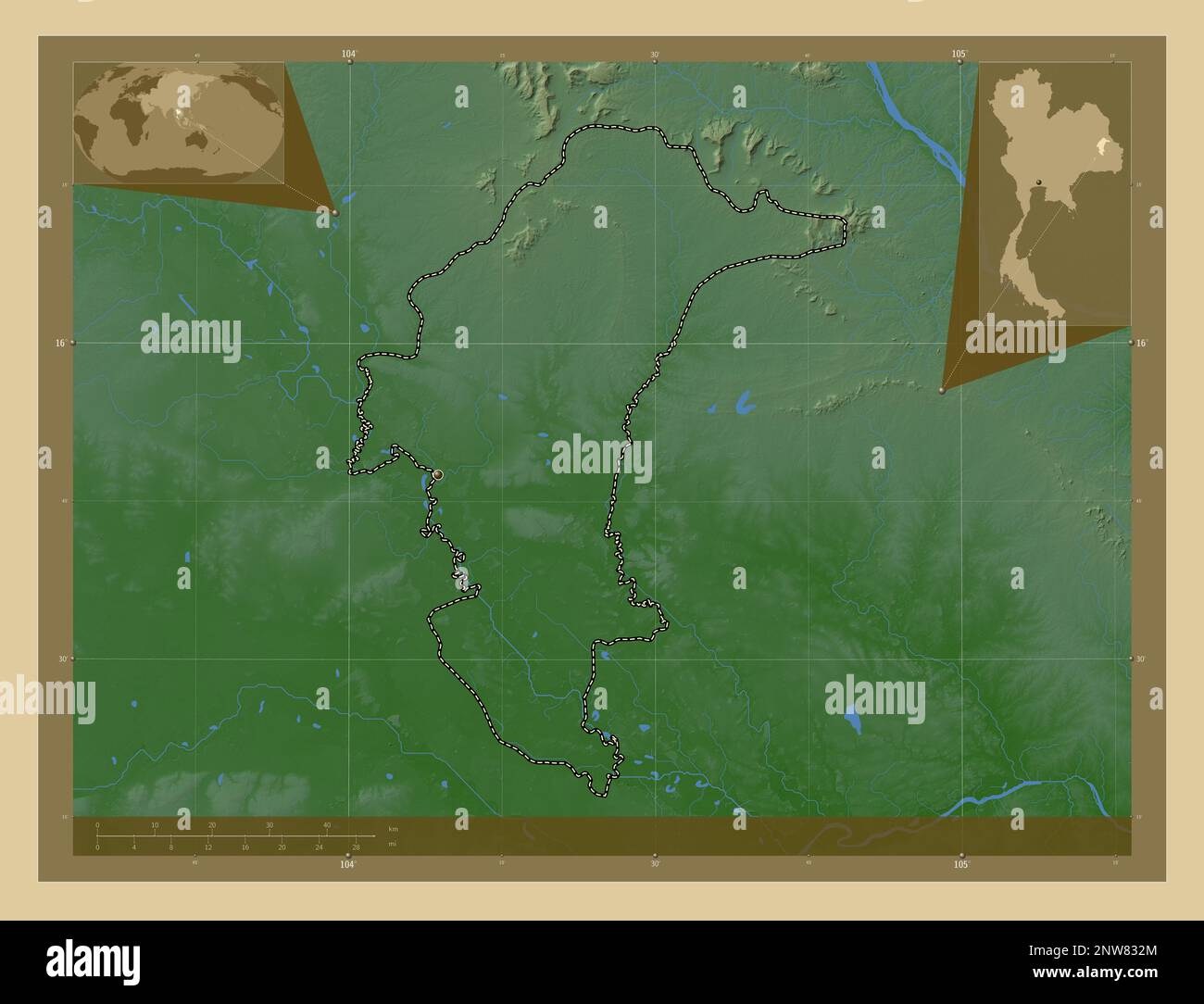 Yasothon, province of Thailand. Colored elevation map with lakes and ...