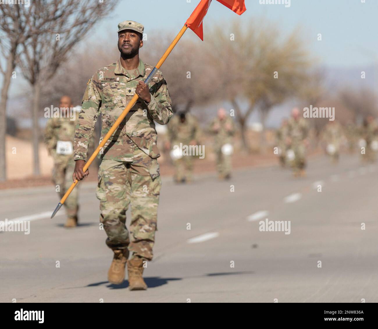An 86th Expeditionary Signal Battalion Soldier carries the battalion ...