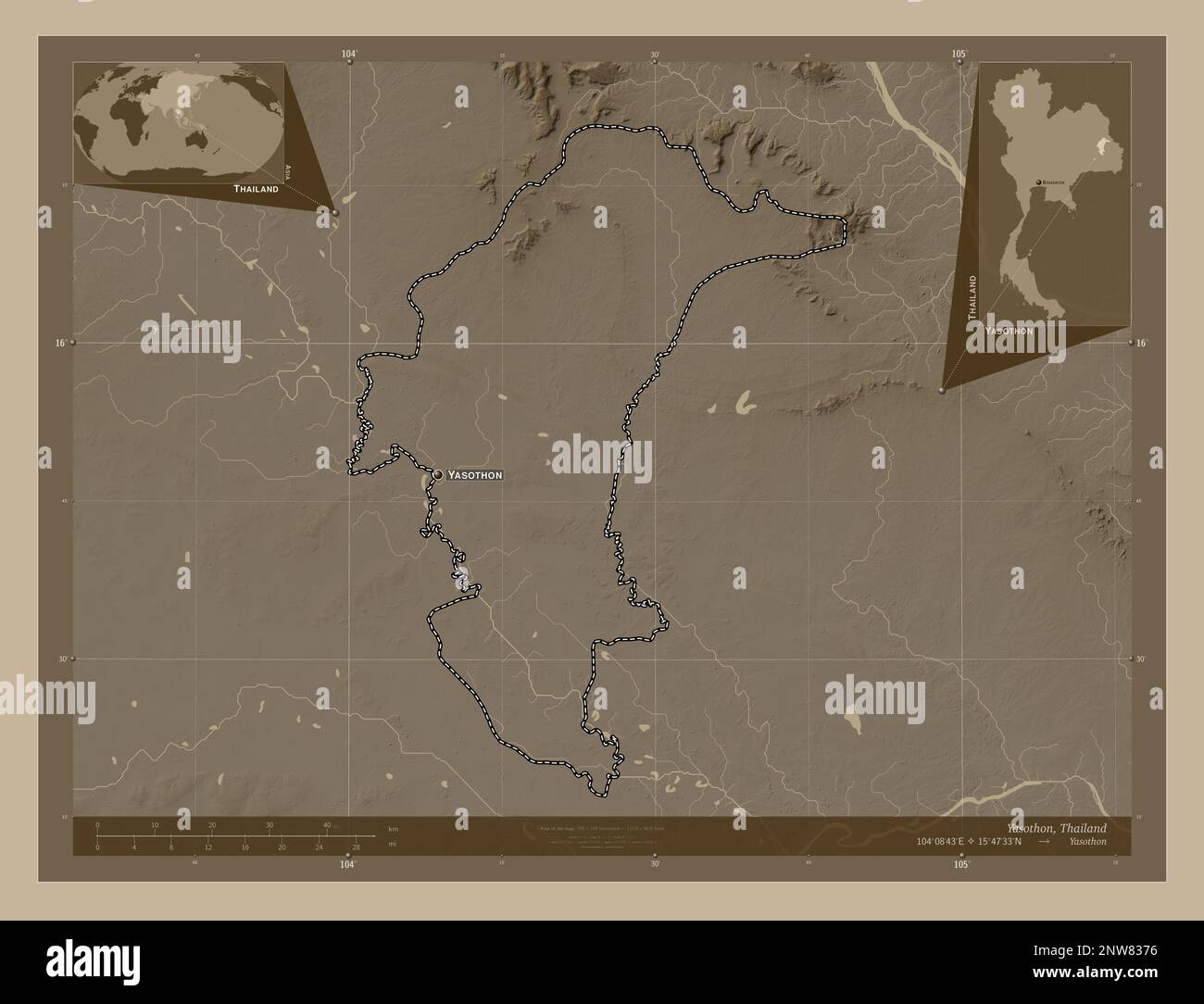 Yasothon, province of Thailand. Elevation map colored in sepia tones ...