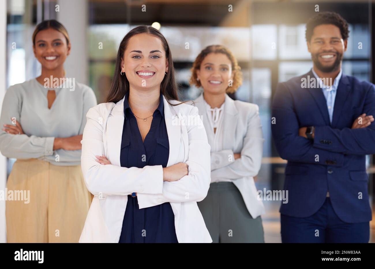 Leadership, smile and portrait of business people in office with crossed arms, startup success ...