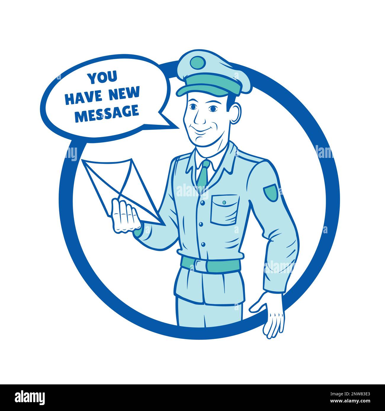 Postman is holding a letter and says You have new message. Vector ...