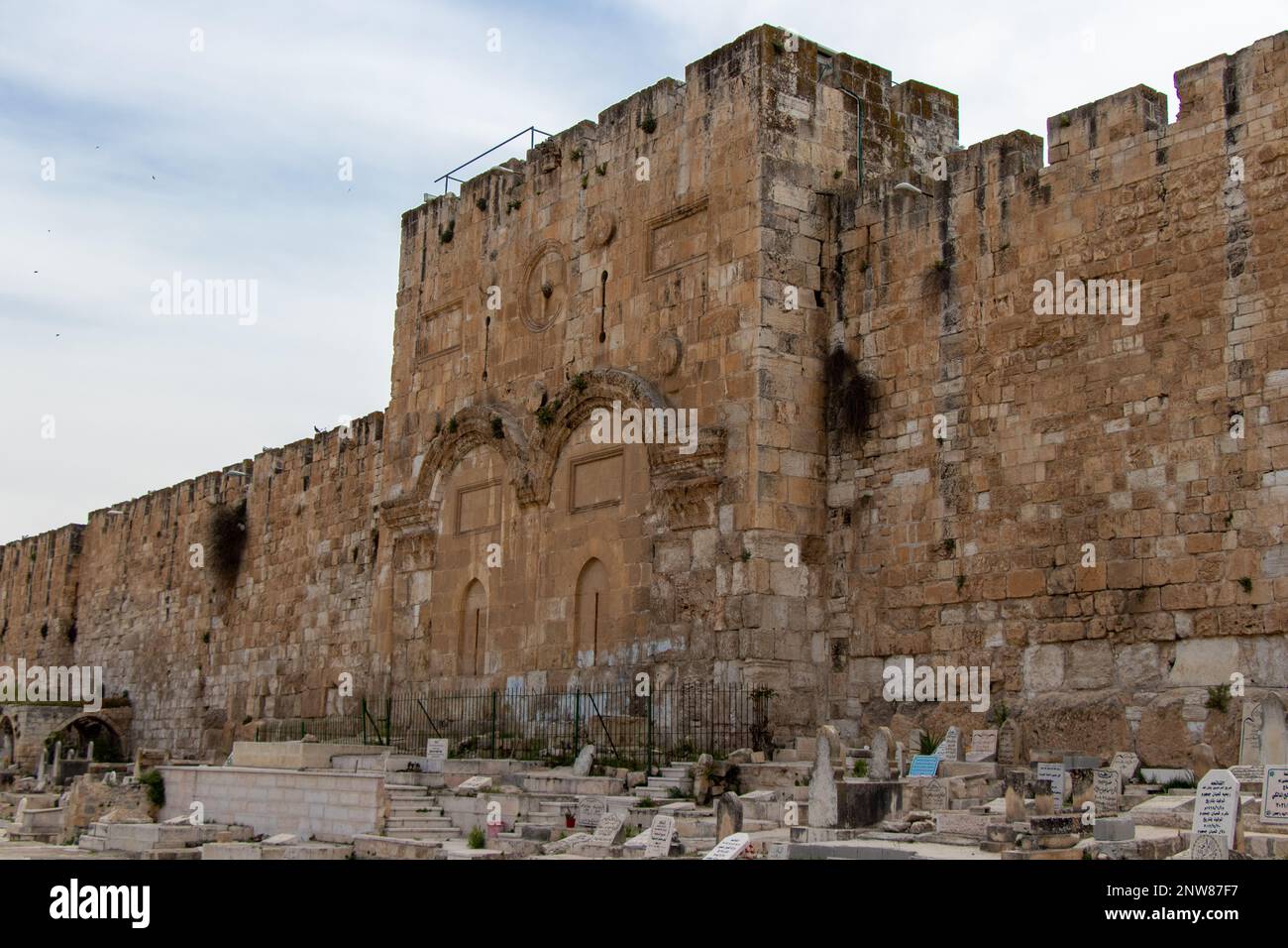 Golden gate of the old city of Jerusalem. The Muslim cemetery of Bab Al ...