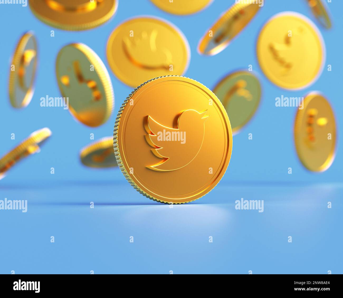 Valencia, Spain - February, 2023: golden Twitter coins falling on a ...