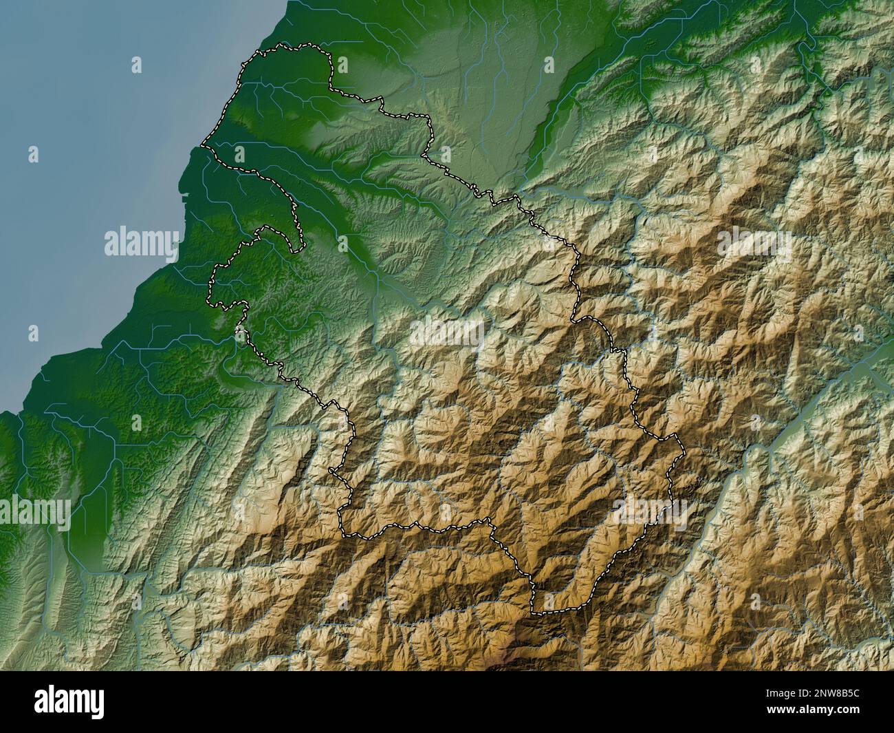 Hsinchu, county of Taiwan. Colored elevation map with lakes and rivers ...
