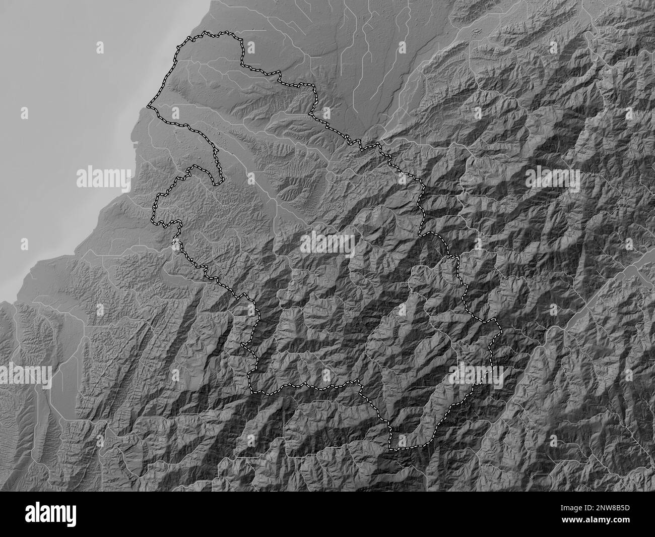 Hsinchu, county of Taiwan. Grayscale elevation map with lakes and ...